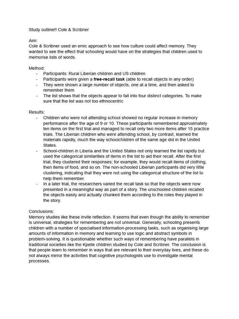 Study Outline: Cole & Scribner | PDF | Memory | Recall (Memory)