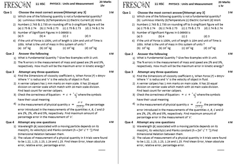 HSC Physics Units and Measurement Quiz | PDF | Measurement | Velocity