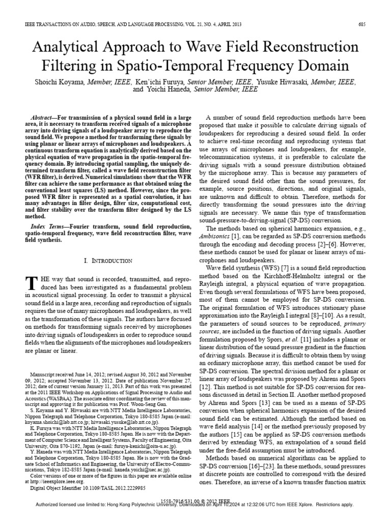 Analytical Approach To Wave Field Reconstruction Filtering in Spatio-Temporal Frequency Domain ...