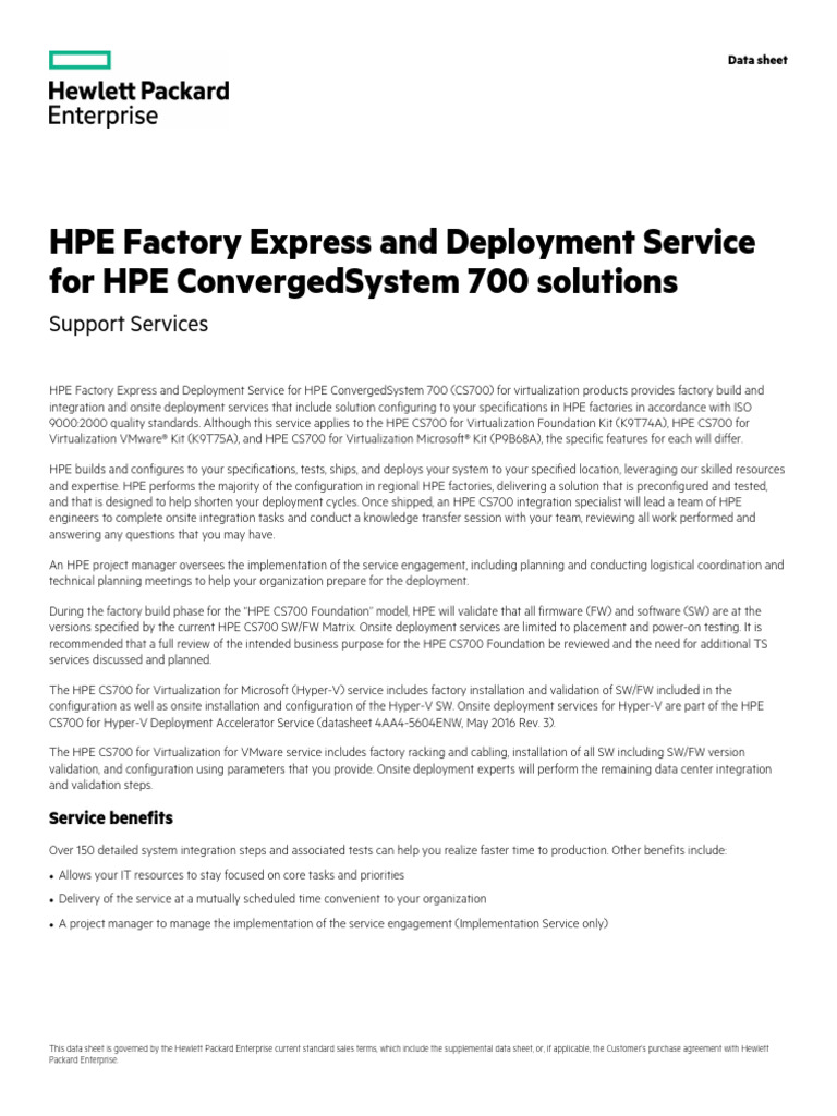 HPE Factory Express and Deployment Service For HPE ConvergedSystem 700 ...