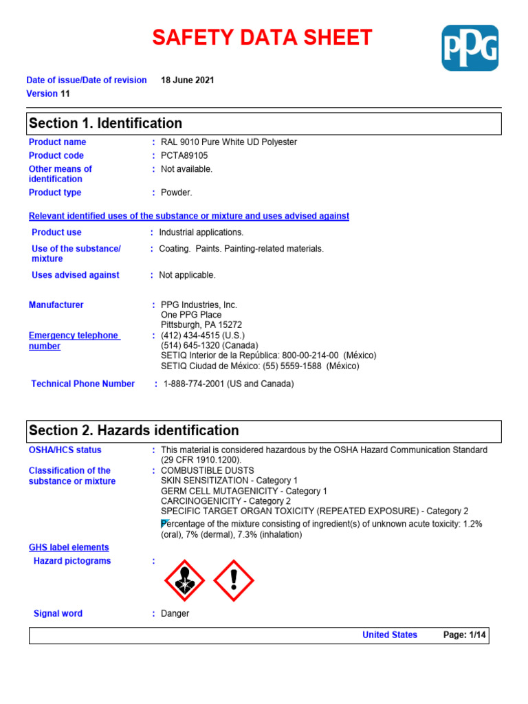 RAL 9010 Pure White Polyester Safety Data | PDF | Toxicity ...