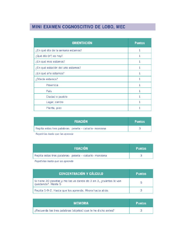 Mini Examen Cognoscitivo de Lobo, MEC | PDF