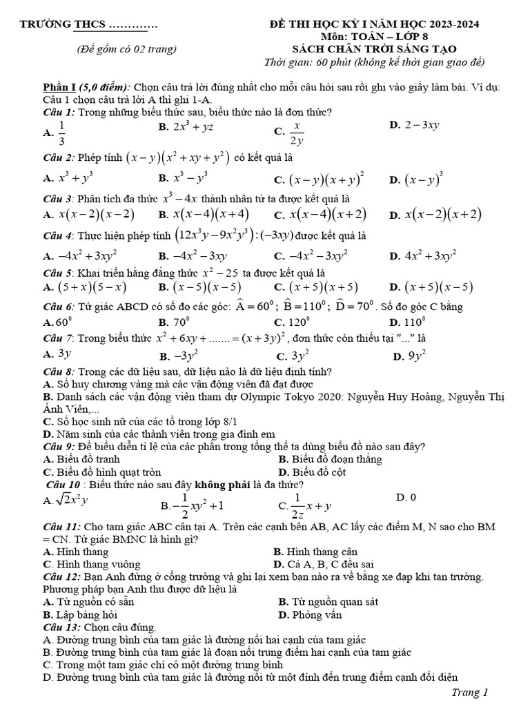 De Thi HK 1 Toan 8 CTST | PDF