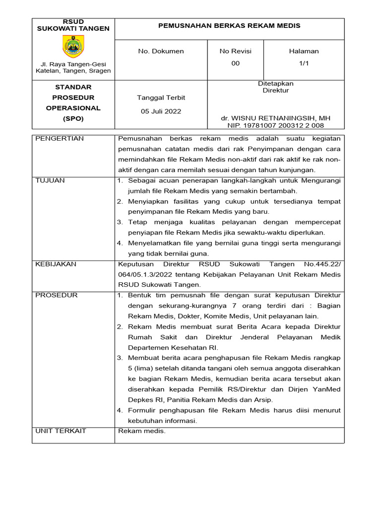 SOP Pemusnahan Berkas Rekam Medis | PDF | Pengembangan Diri | Kesehatan Holistik