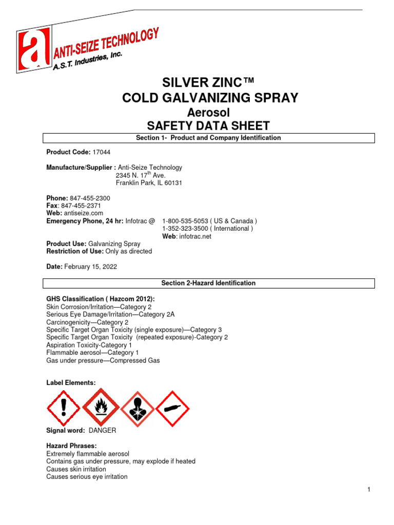 SDS Cold Galvanize Spray | PDF | Toxicity | Occupational Safety And Health