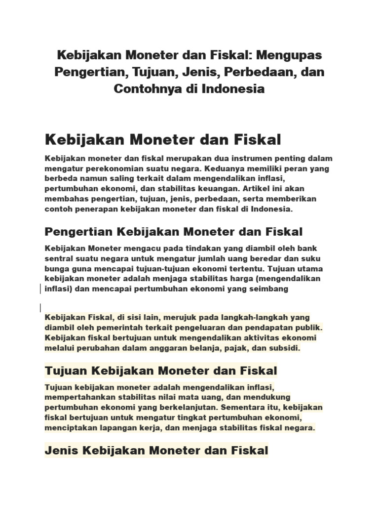 Contoh Kebijakan Fiskal dan Moneter di Indonesia | PDF