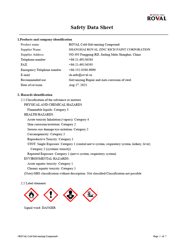ROVAL Cold Galvanizing Compound SDS | PDF | Toxicity | Occupational ...