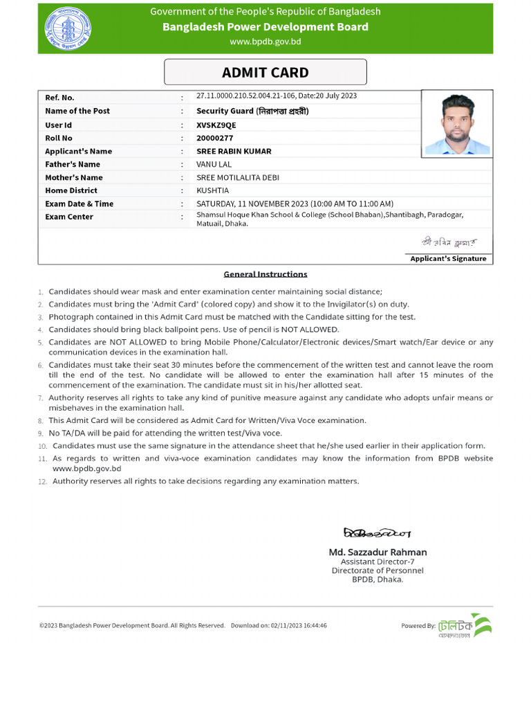 AdmitCard BPDB XVSKZ9QE | PDF