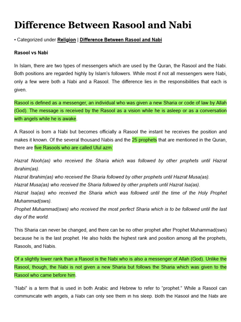 Difference Between Rasool and Nabi Difference Between | PDF | Prophets ...