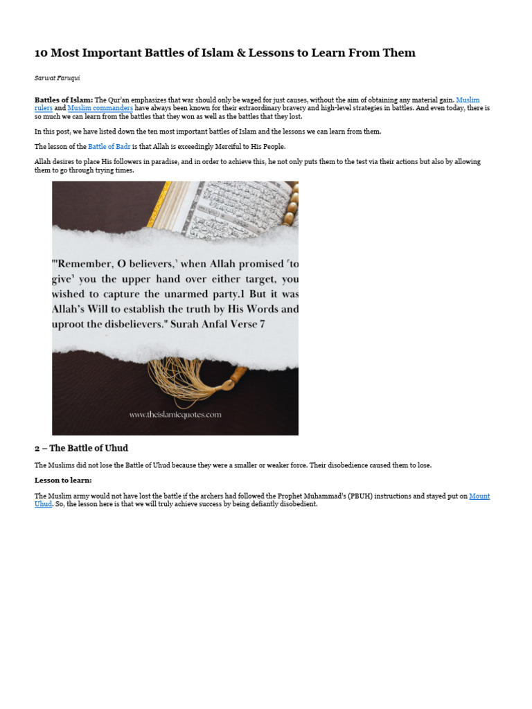 10 Most Important Battles of Islam & Lessons To Learn From Them | PDF ...