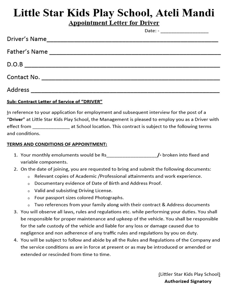 Appointment Letter For Driver | PDF
