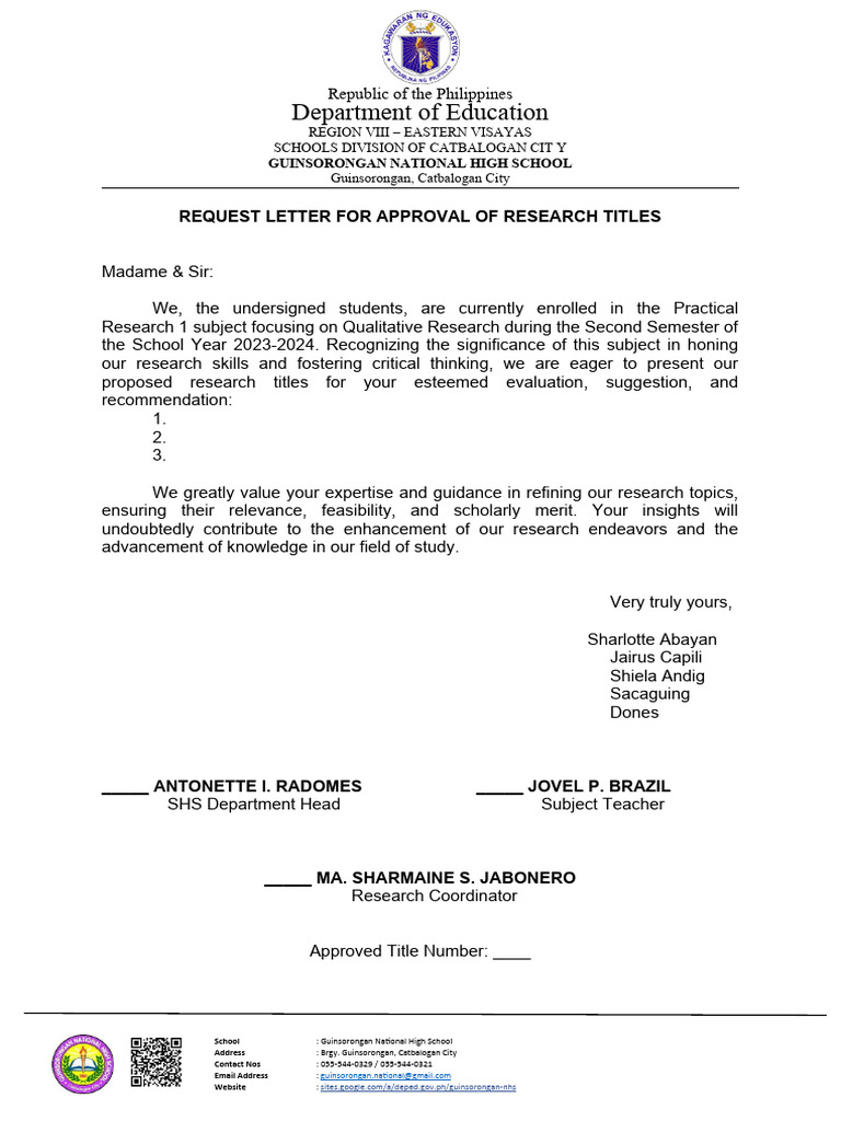Request Letter For Approval of Research Titles | PDF | Methodology | Learning