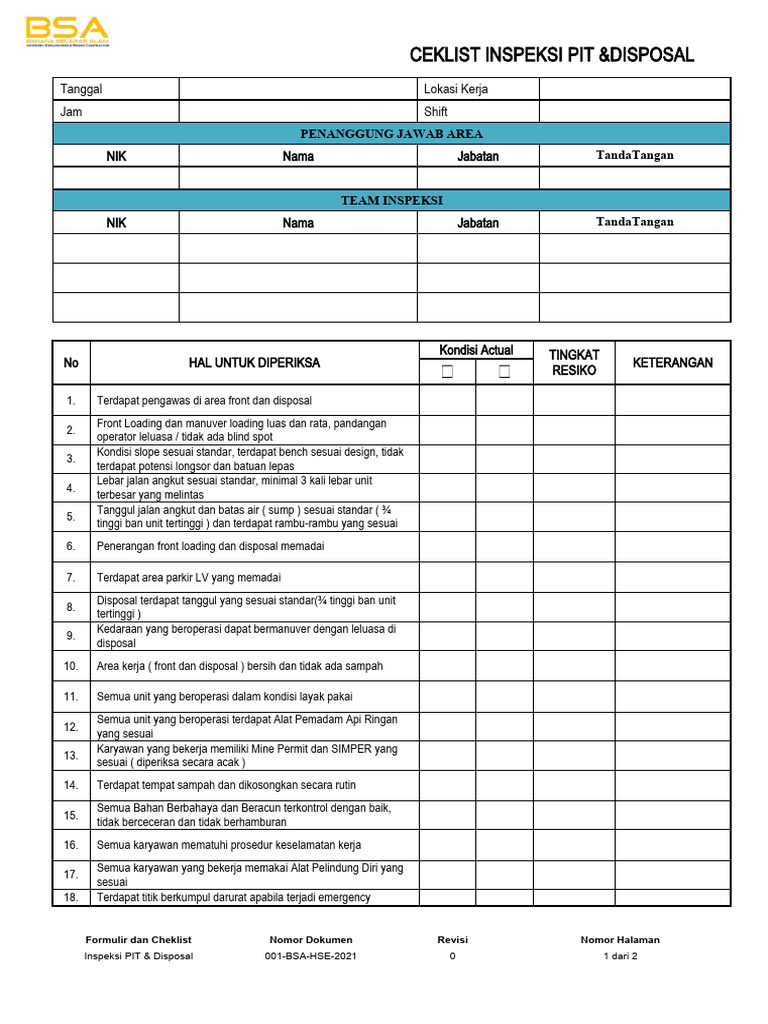 Form Ceklis Inspeksi PIT & Disposal | PDF