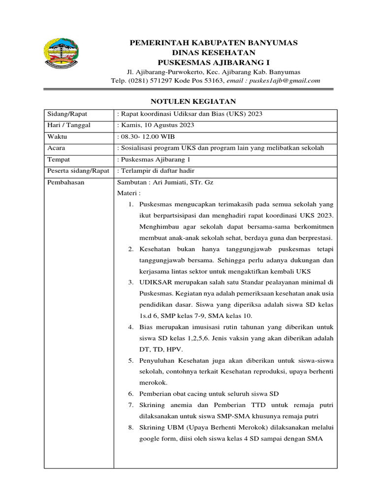 Notulen Rapat Uks 2023 | PDF