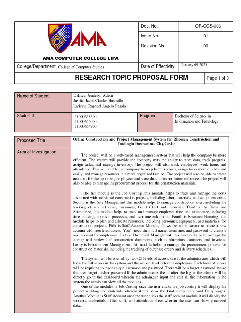 Updated Title Proposal Online Construction And Project Management