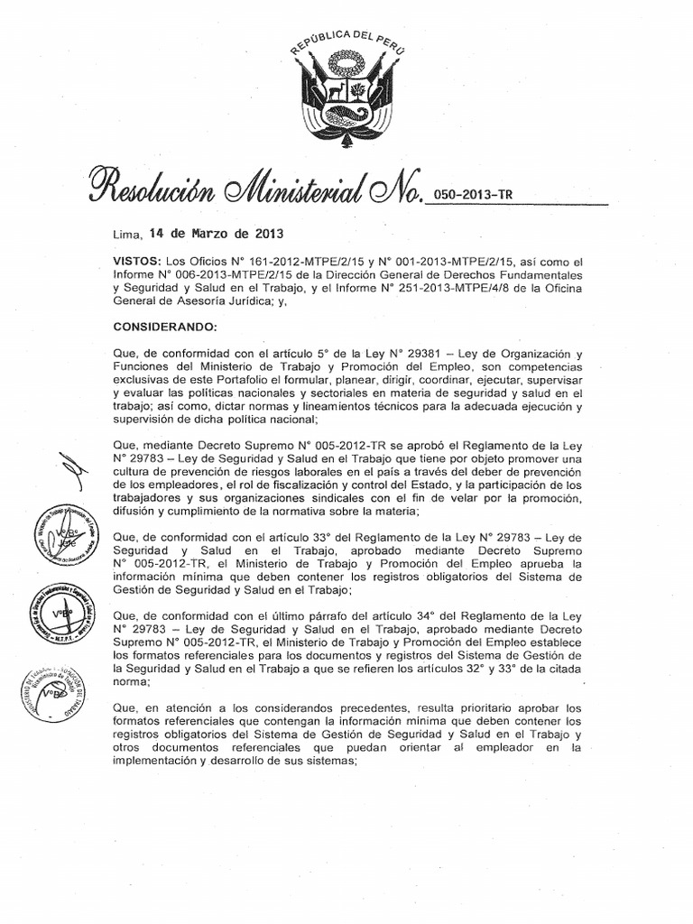 Rm 050 2013 Tr Formatos Referenciales De Registros Obligatorios Para El
