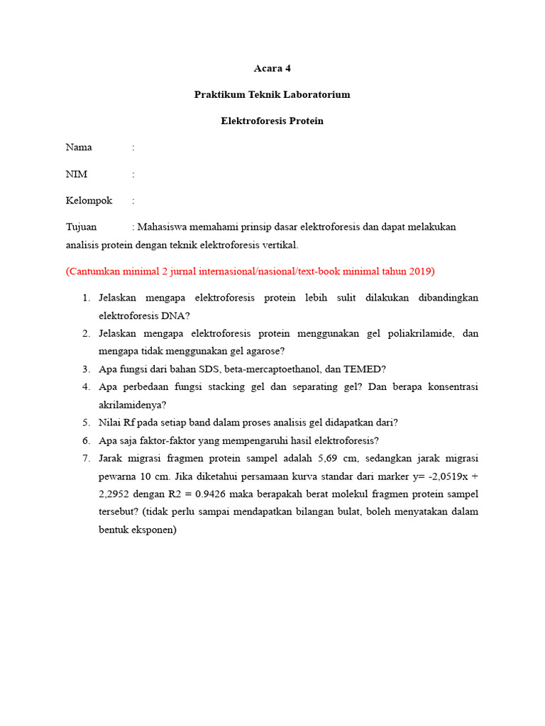 Worksheet Acara 4. Elektroforesis Protein | PDF