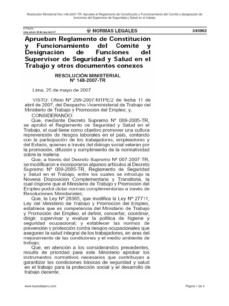 RM-148-2007-TR Sistema de Gestion de SST | PDF