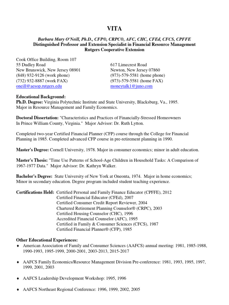 Barbara Mary O'Neill, PH.D., CFP®, CRPC®, AFC, CHC, CFEd, CFCS, CPFFE ...