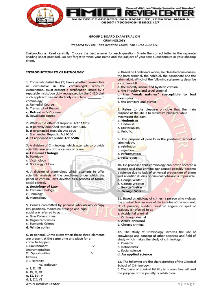 G2-Crim-Bet-Prof. Toliao - Answer Key | PDF | Criminology | Crimes