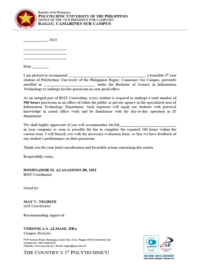 PUP Ragay Campus Practicum Forms | PDF