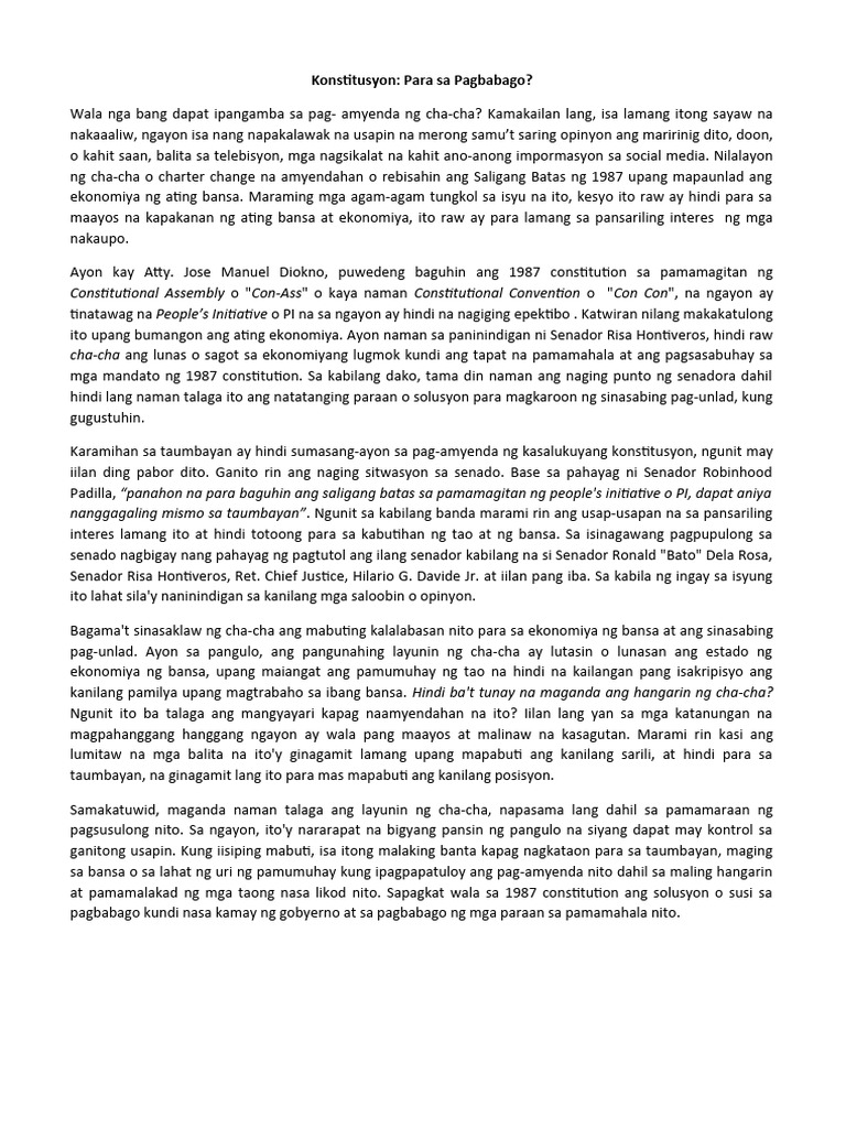 Konstitusyon para Sa Pagbabago (Filipino, Editorial) | PDF Konstitusyon para Sa Pagbabago (Filipino, Editorial) | PDF