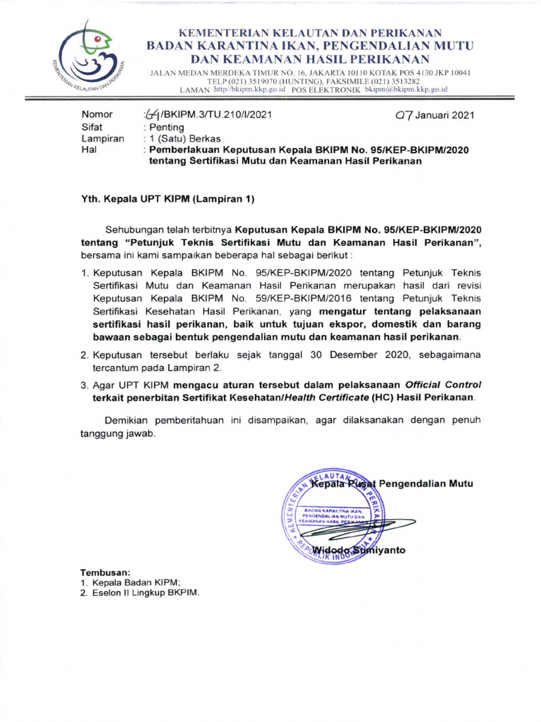 Pengantar Keputusan Kepala BKIPM No - 95KEP-BKIPM2020 | PDF