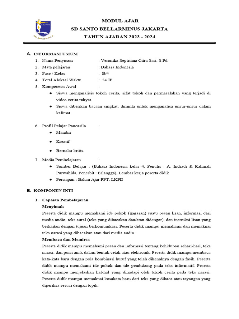 Modul Ajar B.Indo - Unit1 - Aku Tumbuh Besar - Kelas 4 | PDF