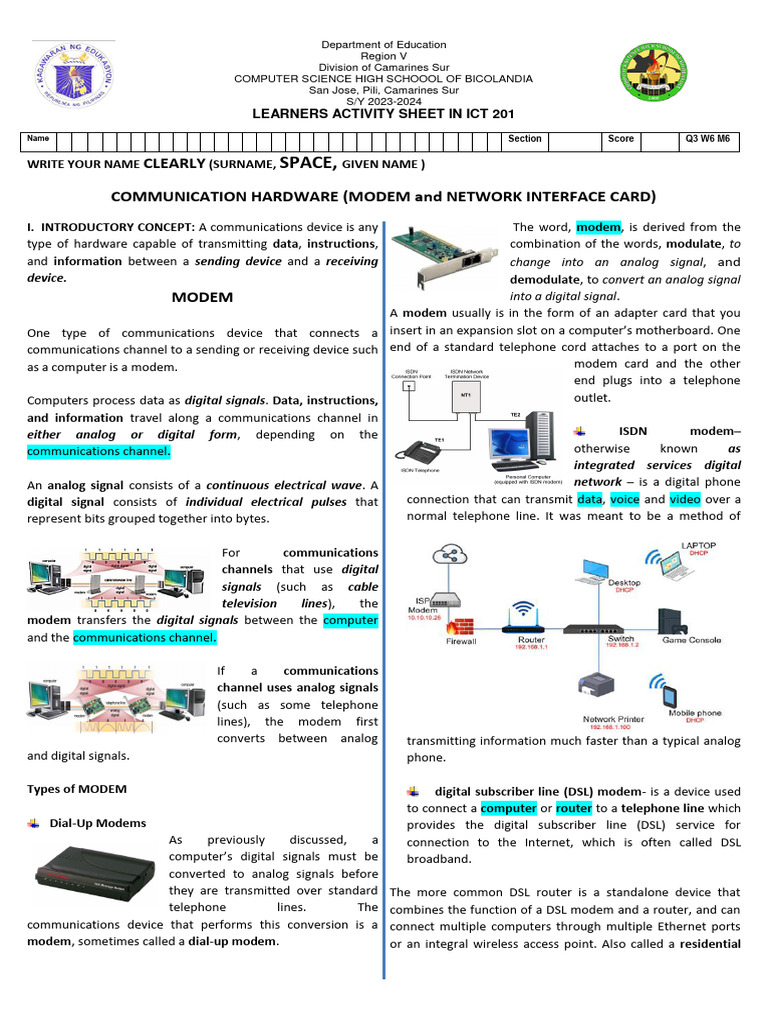 ICT-201-Q3-COMMUNICATION-HARDWARE2024 | PDF | Modem | Digital ...