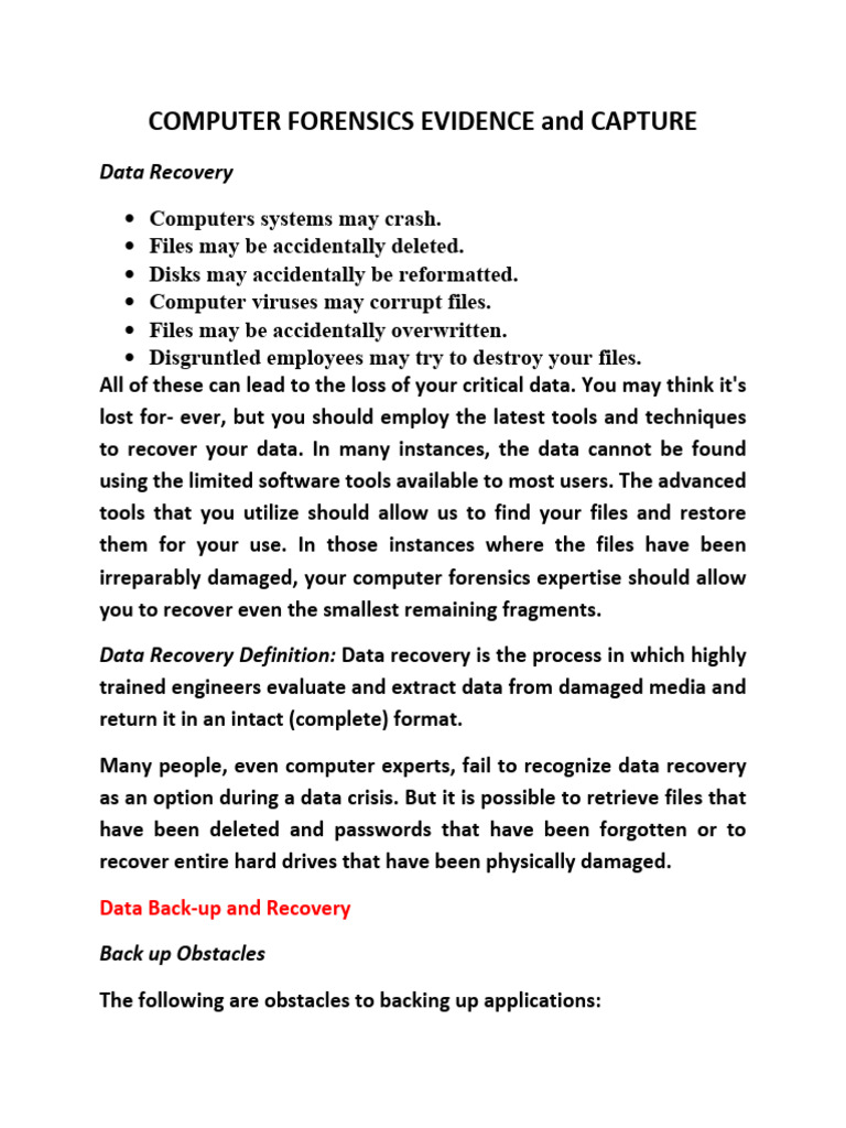 Computer Forensics Evidence and Capture: Data Recovery | PDF | Backup | Computer File
