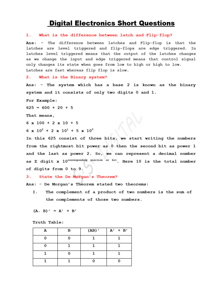 Digital Electronics Short Questions | PDF | Logic Gate | Digital Electronics
