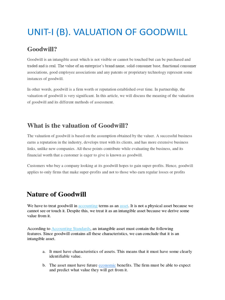 UNIT-1 Goodwill - 121032 | Download Free PDF | Valuation (Finance) | Goodwill (Accounting)