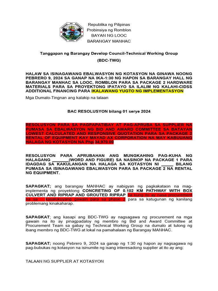 BAC Reso Manhac For Package 2 | PDF