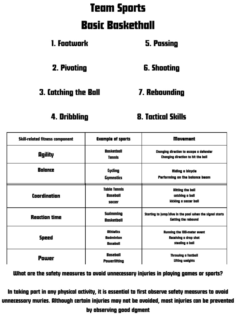 Team Sports Basic Baskethall 1 Footwork 2 Pivoting 3. Catching The Ball ...