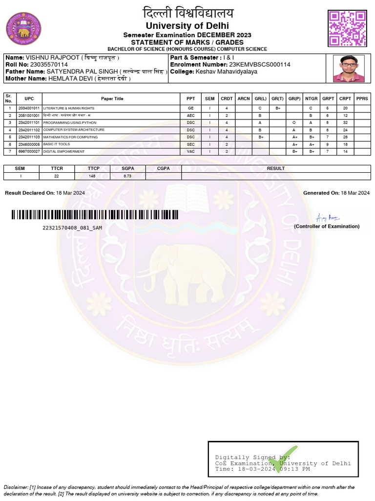 University of Delhi: Semester Examination DECEMBER 2023 Statement of ...