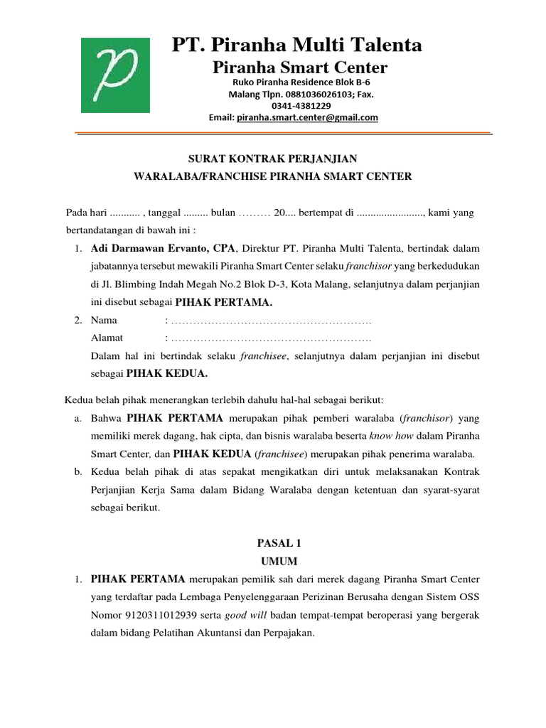 Surat Kontrak Perjanjian Waralaba | PDF | Bisnis | Hukum