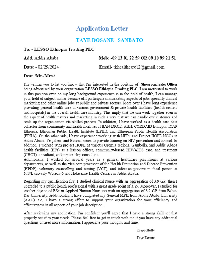 Taye Dosane Application To LESSO Ethiopia Trading PLC | PDF | Ethiopia ...