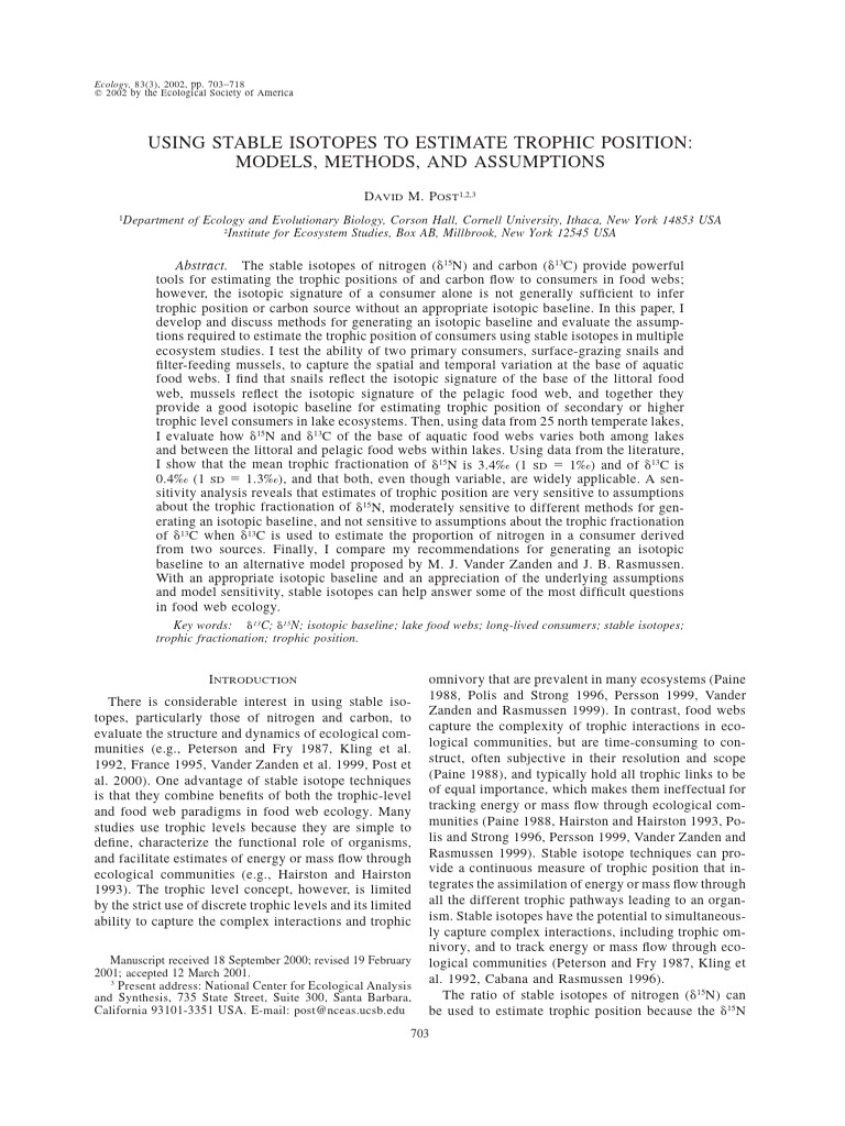 Ecology - 2002 - Post - USING STABLE ISOTOPES TO ESTIMATE TROPHIC POSITION MODELS METHODS AND ...