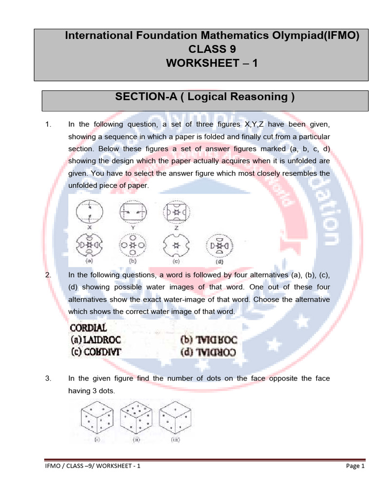 IFMO Class 9 Worksheet 1 - 240313 - 183244 | PDF | Area | Cartesian ...