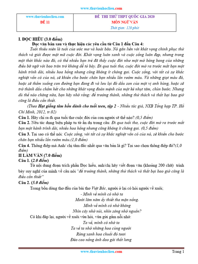 10 de Thi Thu THPT QG Ngu Van 2020 Tap 2 | PDF