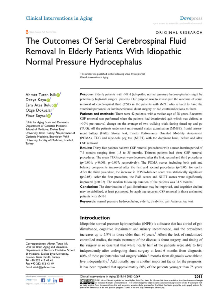 The Outcomes of Serial Cerebrospinal Fluid Removal in Elderly Patients With Idiopathic Normal ...