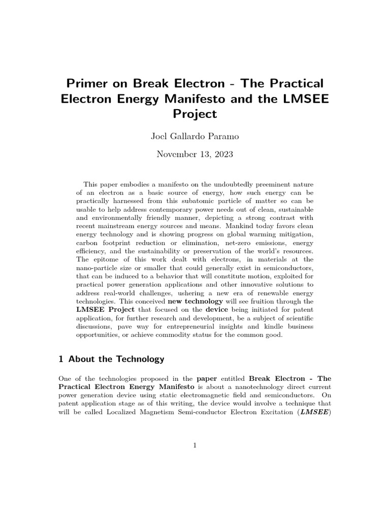 Primer On Break Electron - The Practical Electron Energy Manifesto and ... Primer On Break Electron - The Practical Electron Energy Manifesto and ...