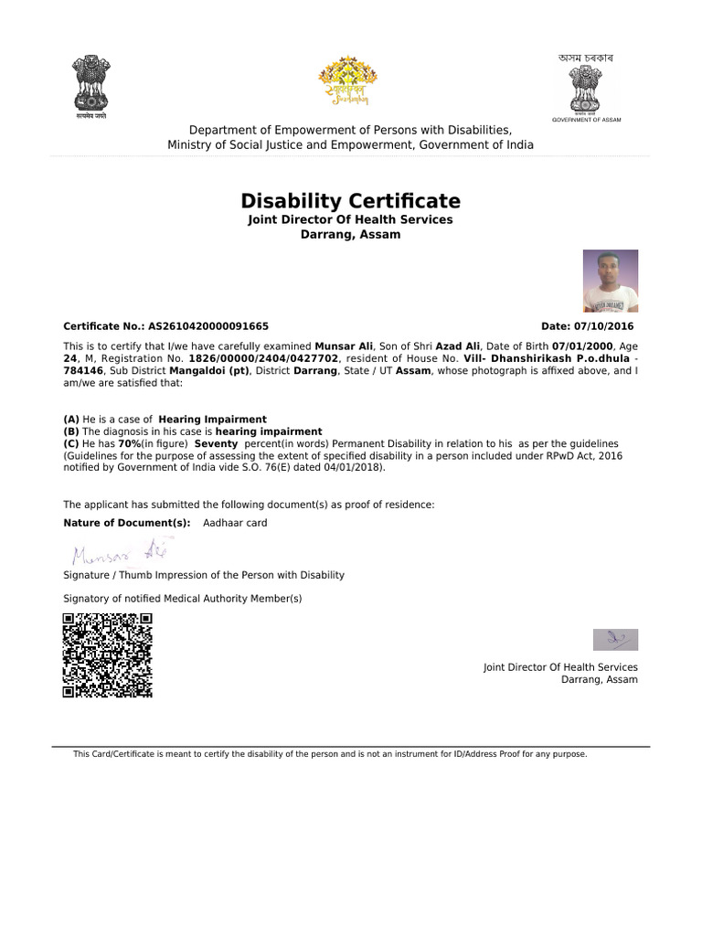 Disability Certificate for Hearing Impairment | PDF