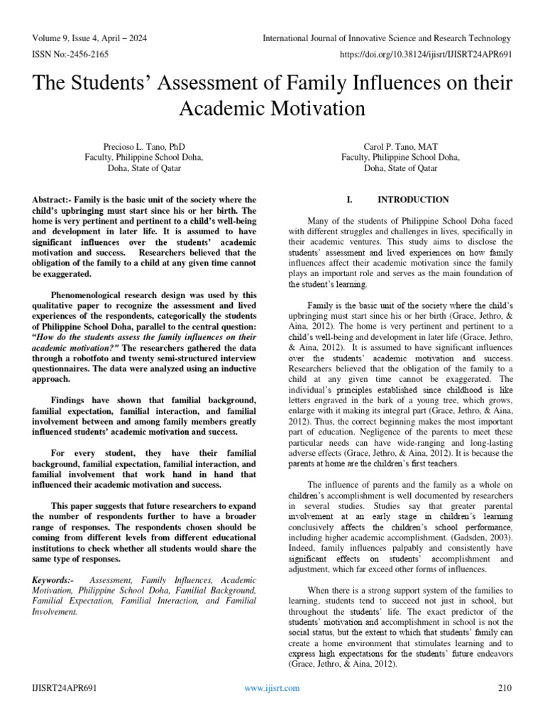 The Students’ Assessment of Family Influences on their Academic ...