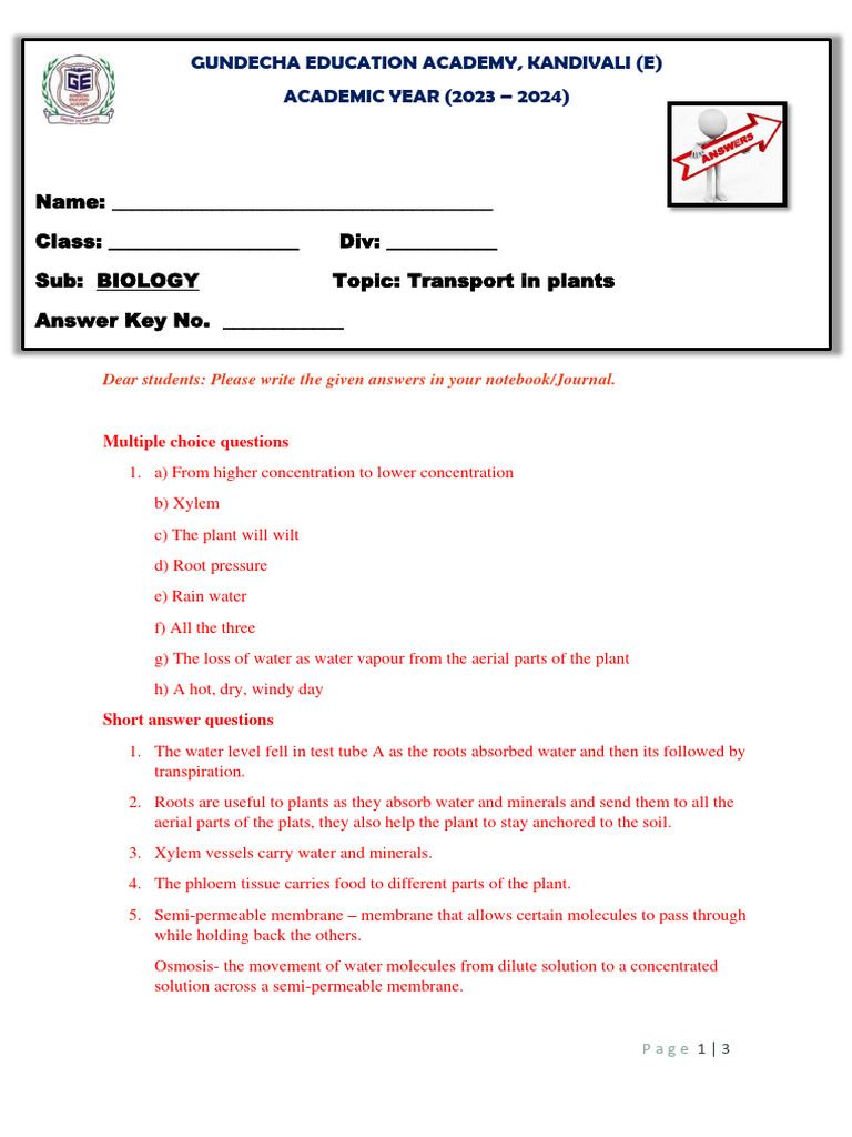 Answer Key For Class 8 J Biology J Transport in Plants | Download Free ...