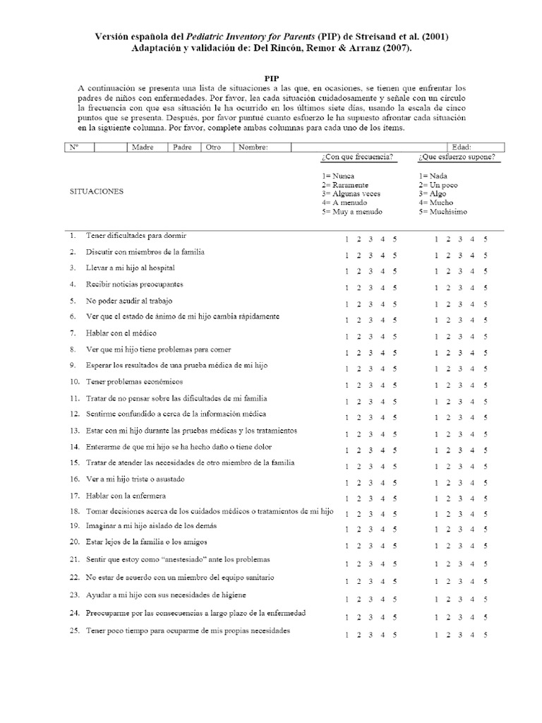 Versión Española Del Pediatric Inventory For Parents (PIP) de Streisand ...