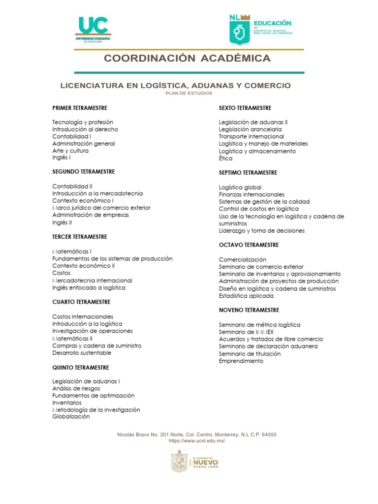 Plan de Estudios Lic Ucnl - Llac | Descargar gratis PDF | Logística | aduana