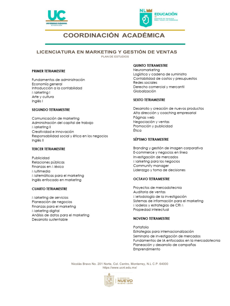 Plan de Estudios Lic Ucnl - Lmygv | PDF | Marketing | Sector privado