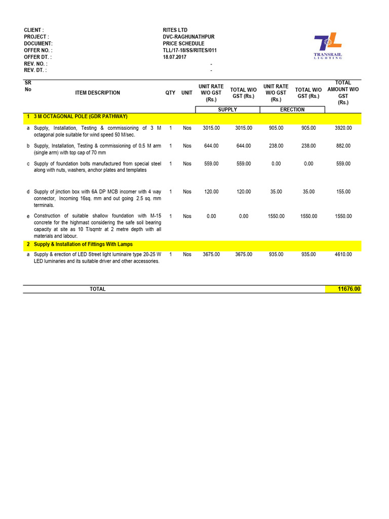 Price Schedule for LED Street Light Installation | PDF | Receipt
