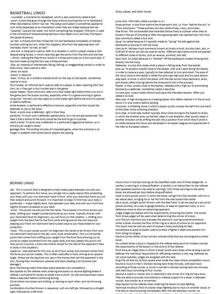 Sports Lingo | PDF | Team Sports | Ball Games